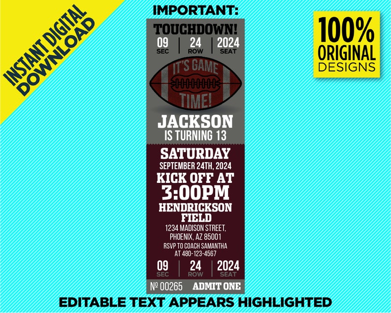 Arizona Football Ticket Invitation | Birthday Party Printable | PDF or ...