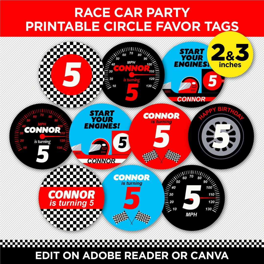 Race Car Party Printable Circle Favor Tags Racing Birthday 2 X 2 / 3 X ...