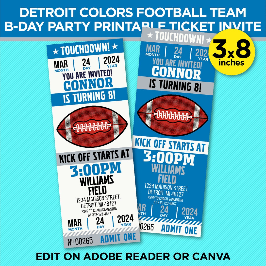 Detroit Colors Football Team Birthday Party Printable Ticket Invitation ...