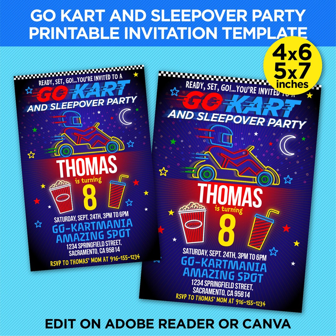 Go Kart and Sleepover Party Printable Invitation - Karting & Pajama ...