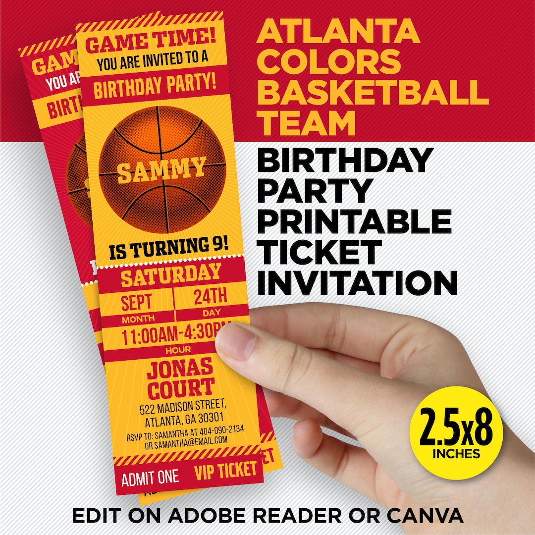 Atlanta Colors Basketball Team Birthday Party Printable Ticket ...
