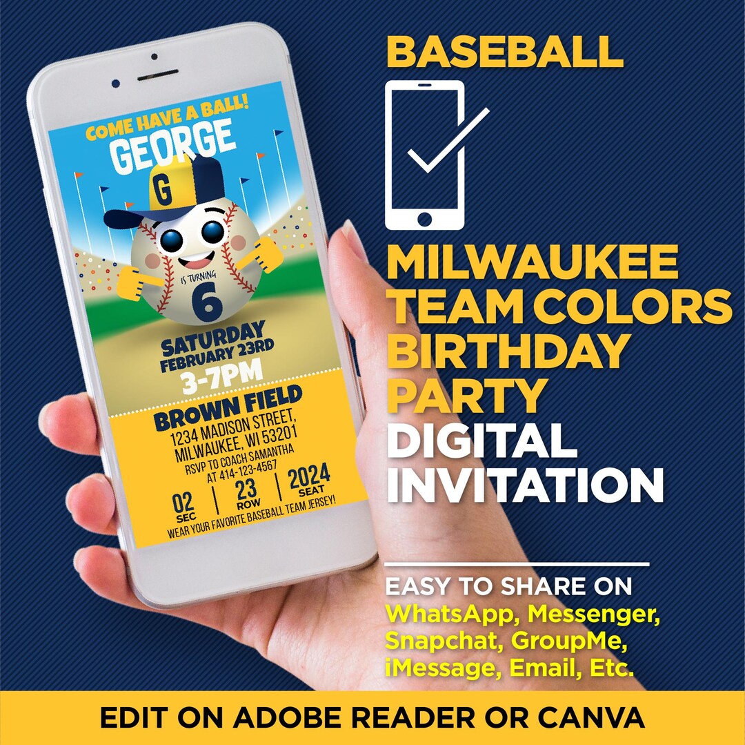Milwaukee Baseball Team Colors Birthday Party Digital Invitation - Navy ...