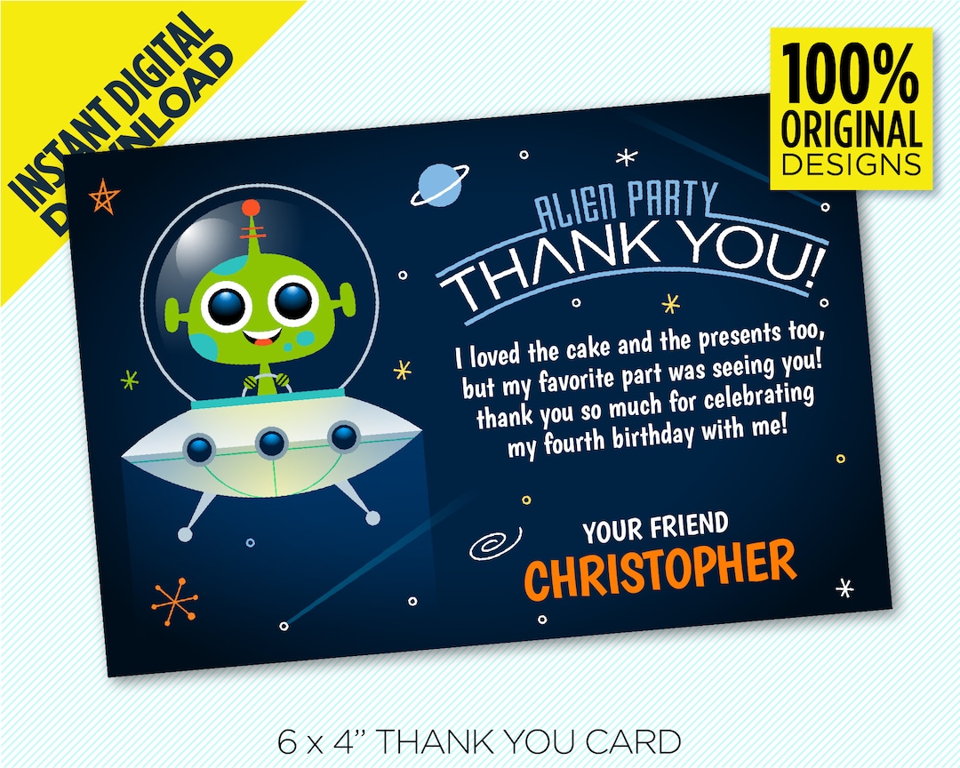 Space Alien Party Printable Thank You Card, Greetings Earthlings Party ...