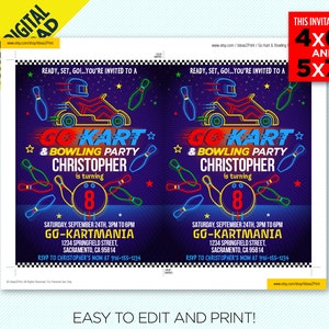 Go Kart & Bowling Party Printable Invitation - Boys and Girls Go Kart ...