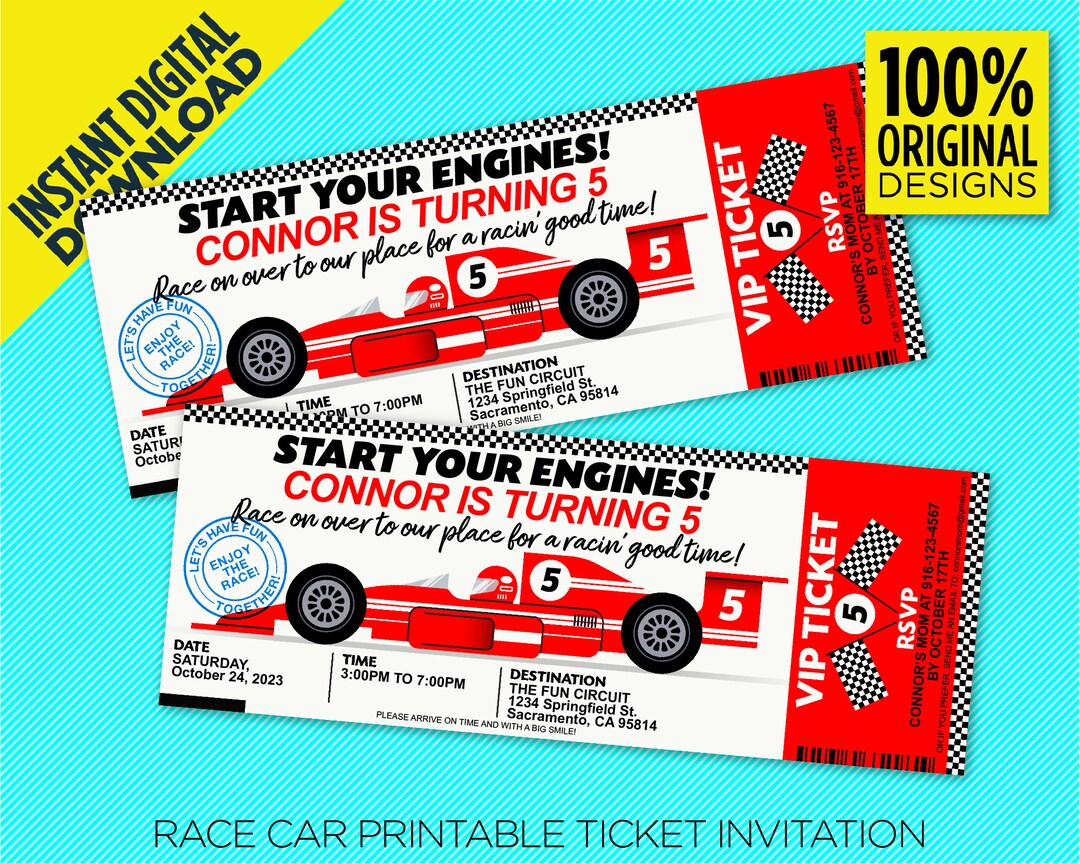 Race Car Birthday Party Printable VIP Ticket Invitation Racing Birthday ...