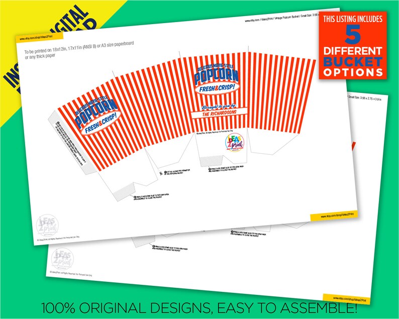 DIY Vintage Popcorn Bucket Printable 4 Different Sizes - Etsy