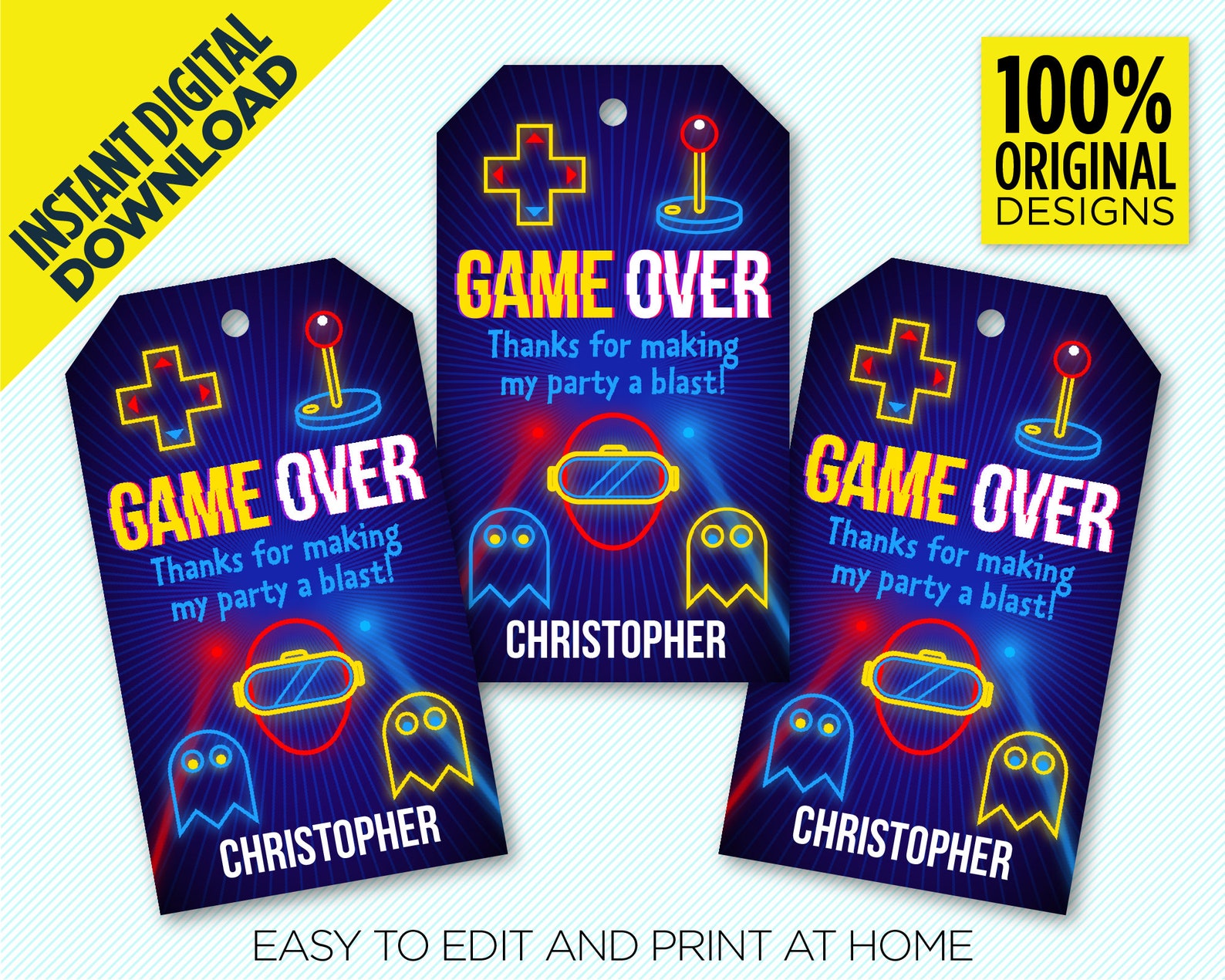 Game Over, Arcade Party 2 X 3.5" Thank You Favor Tag, Laser Tag and ...
