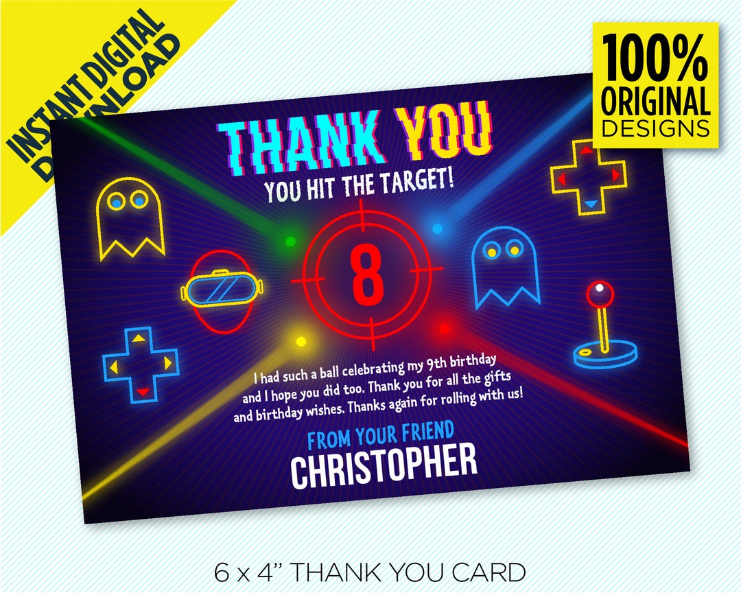 Laser Tag and Arcade Thank You Card, 6 X 4" Laser Tag Birthday Party ...