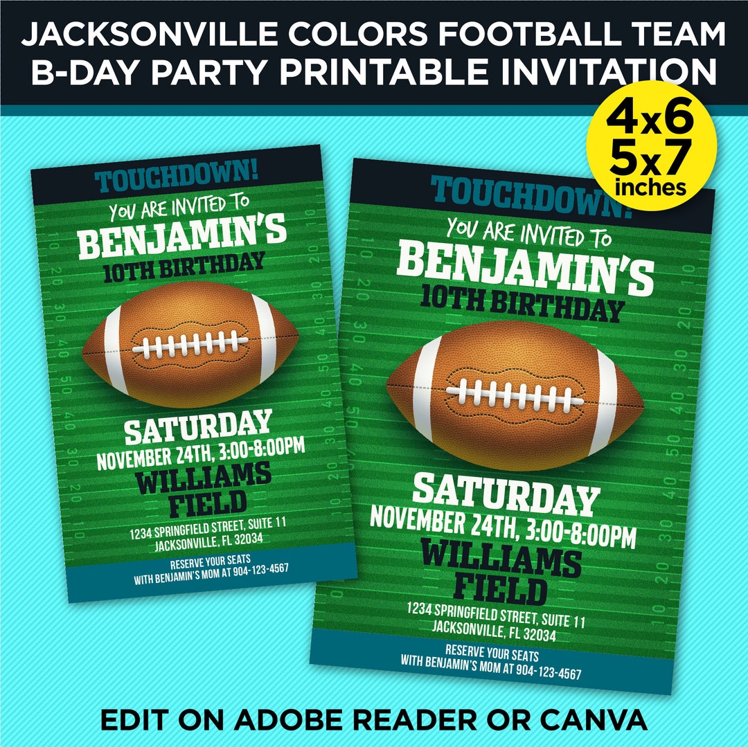 Jacksonville Colors Football Team Birthday Party Printable Invitation ...