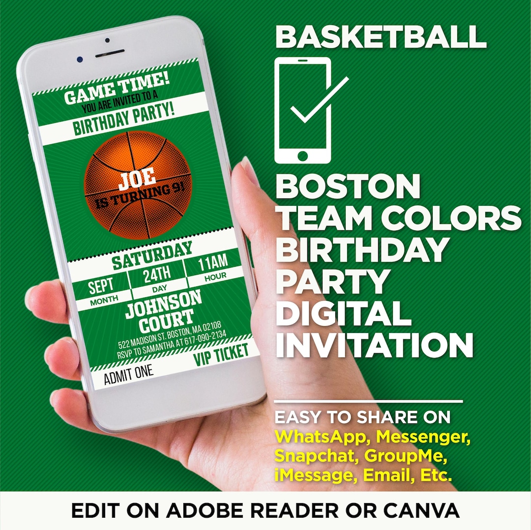 Boston Basketball Team Colors Birthday Party Digital Ticket Invitation ...