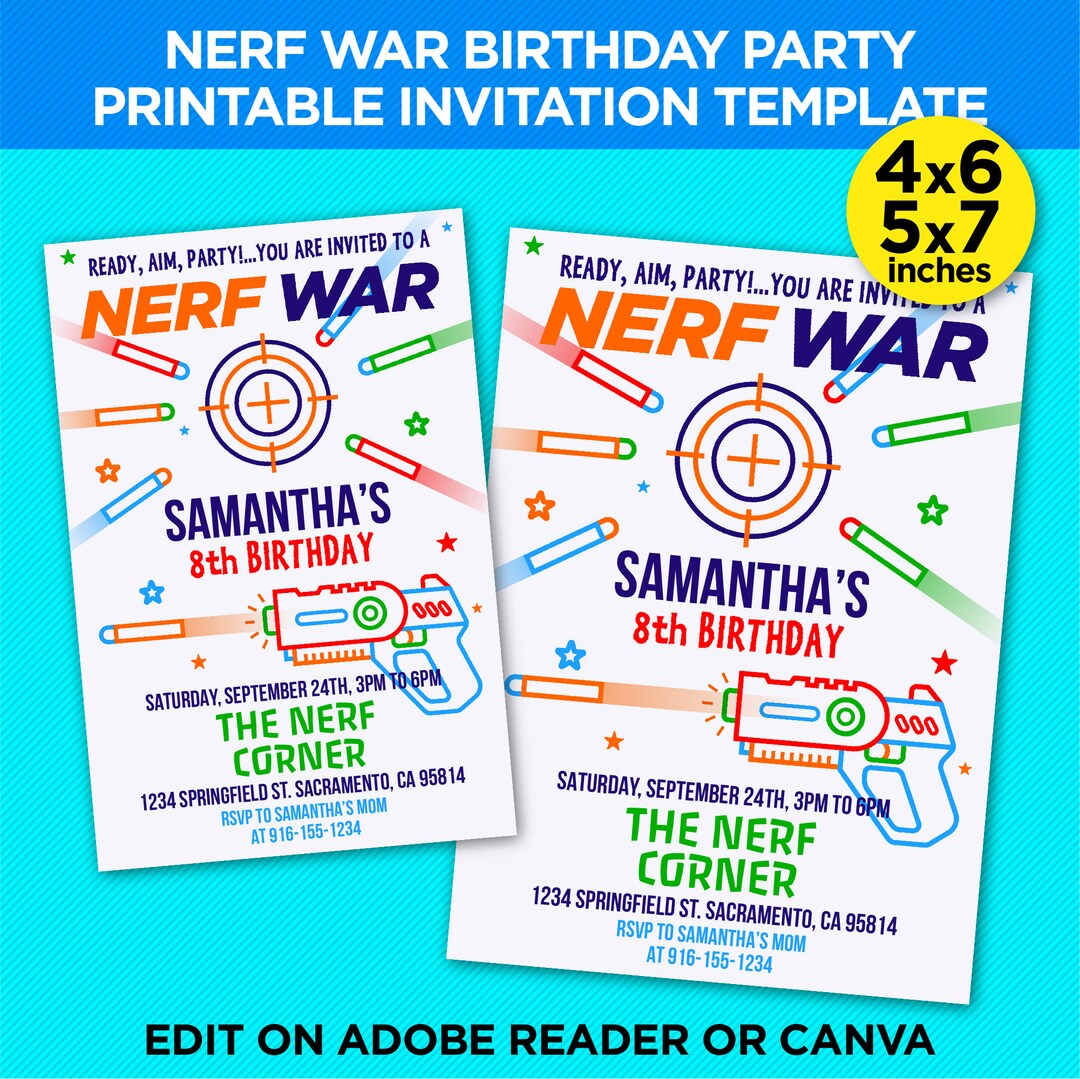 Nerf War Birthday Party Printable Invitation - Boys and Girls Dart Gun ...