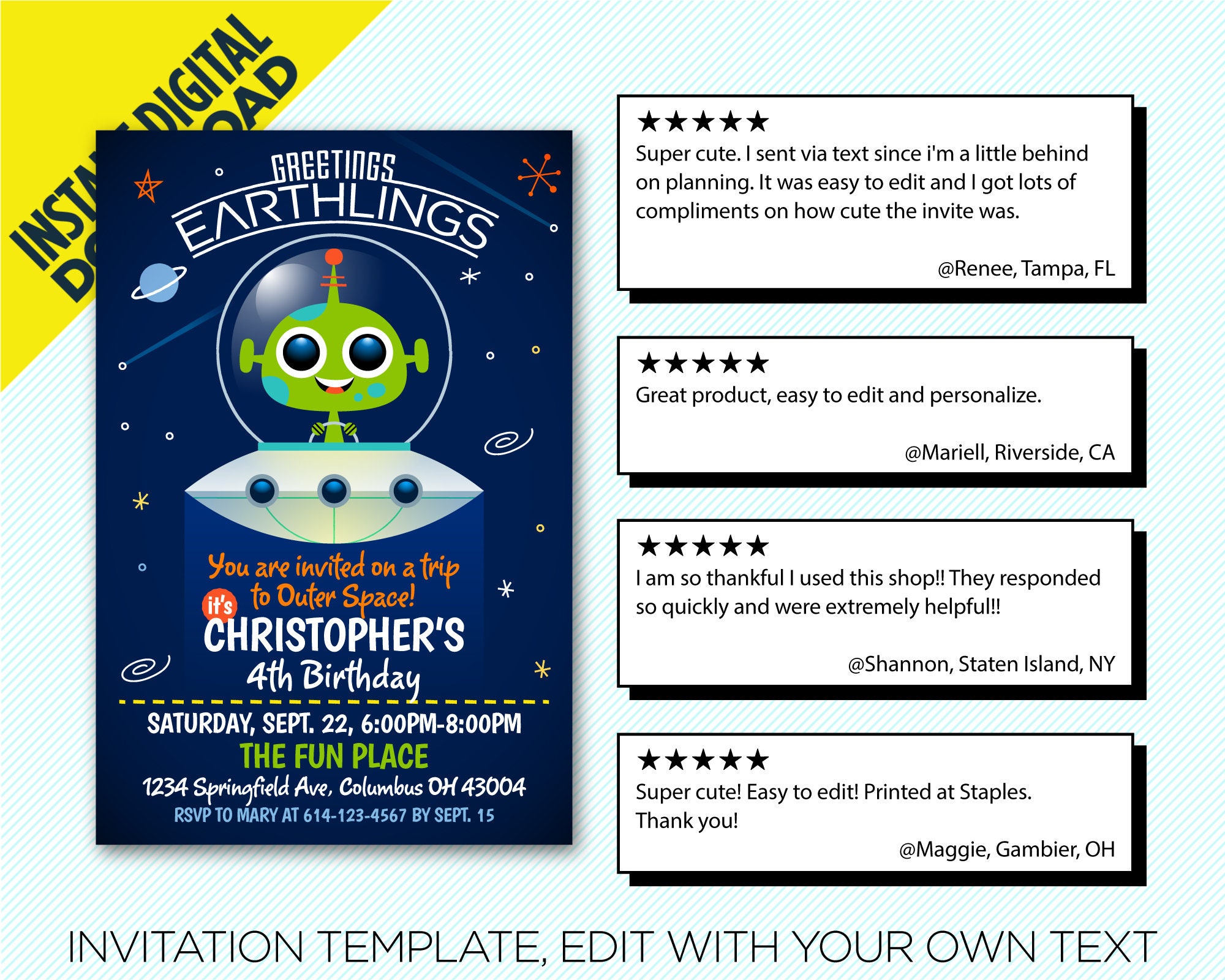 Space Alien Birthday Party Printable Invitation, Greetings Earthlings ...