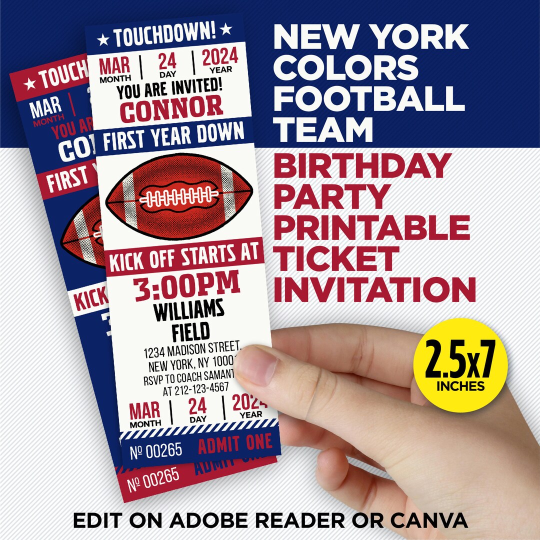 New York Colors Football Team Printable Ticket Invitation - Blue & Red ...
