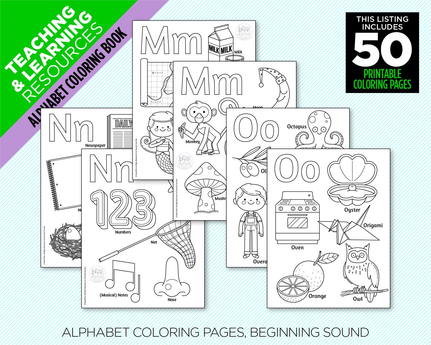 Printable Alphabet Coloring Pages, Beginning Sound, From A to Z, 50 ...