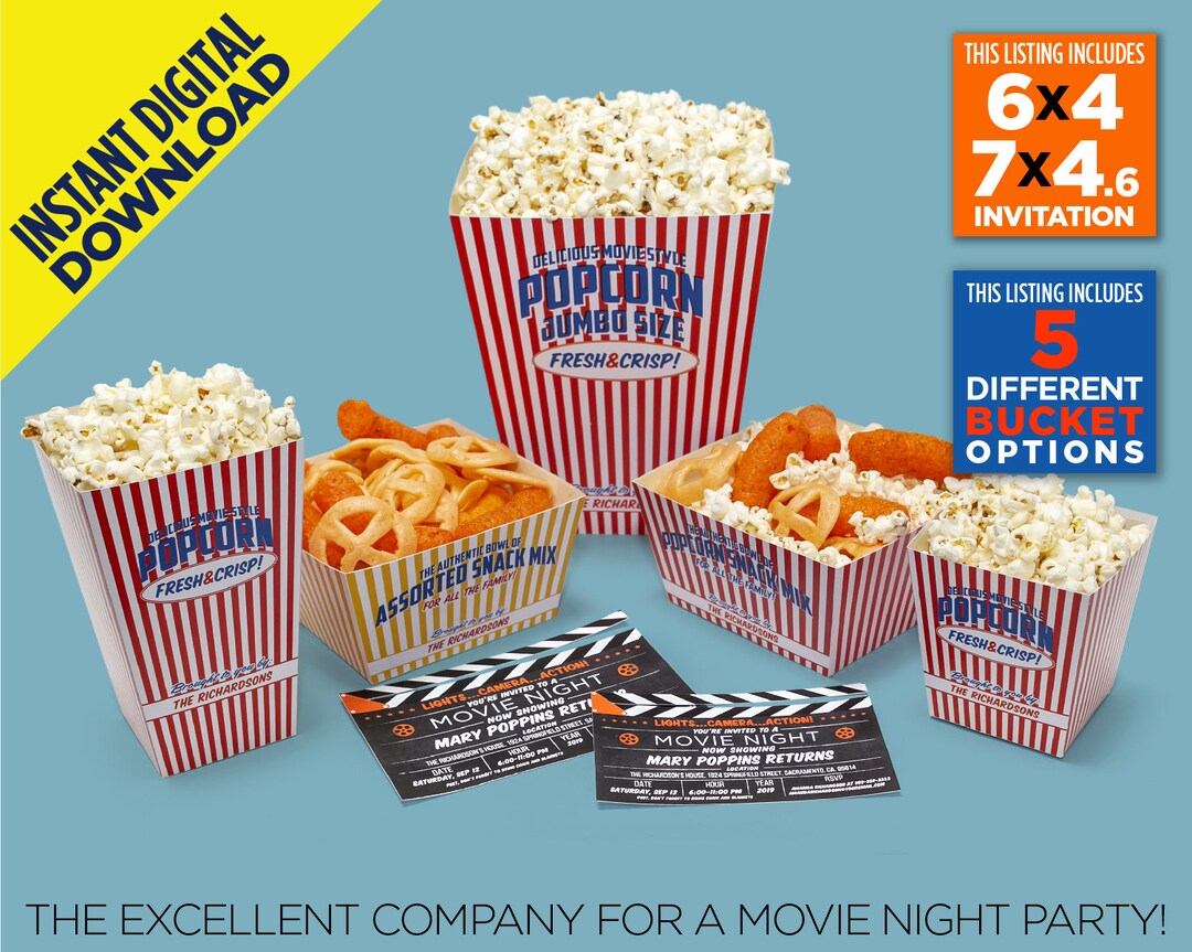 Movie Night Invitation DIY Vintage Popcorn Buckets Printable Instant ...