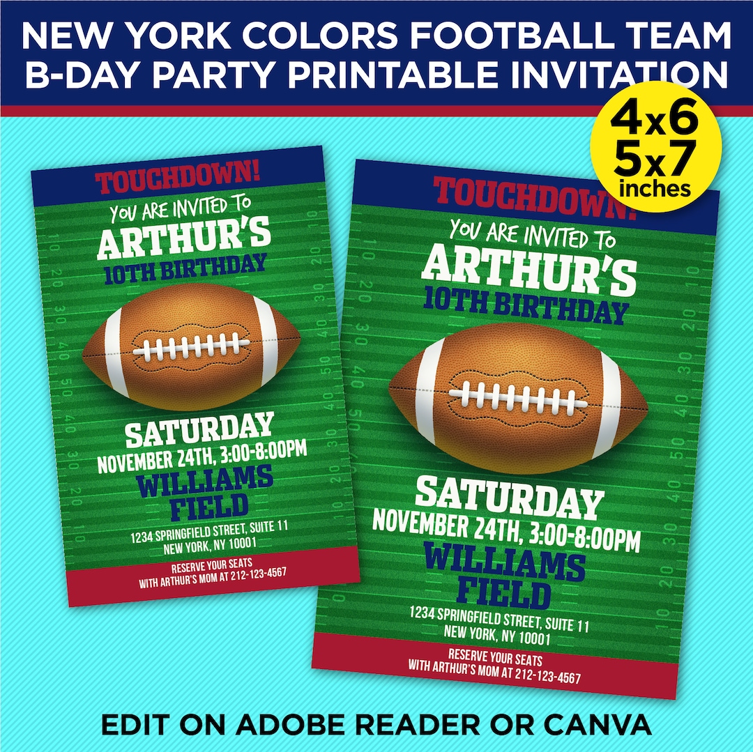 New York Colors Football Team Birthday Party Printable Invitation - NY ...