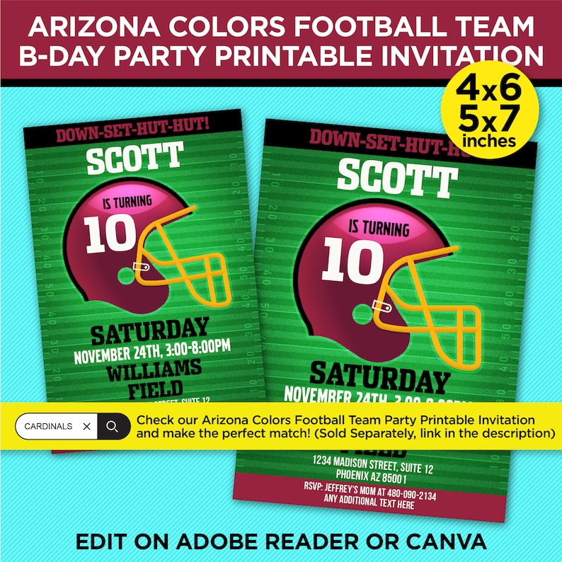 Arizona Football Ticket Invitation | Birthday Party Printable | PDF or ...