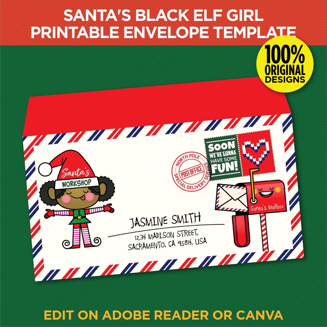 Santa's Black Elf Girl Envelope Printable Template - From Your Girl to ...