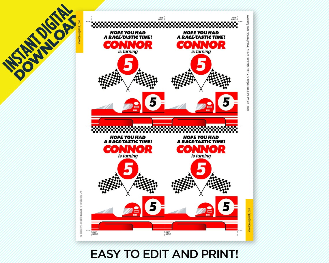 Race Car Birthday Party Printable Juice Pouch Label | F1 Racer Capri ...