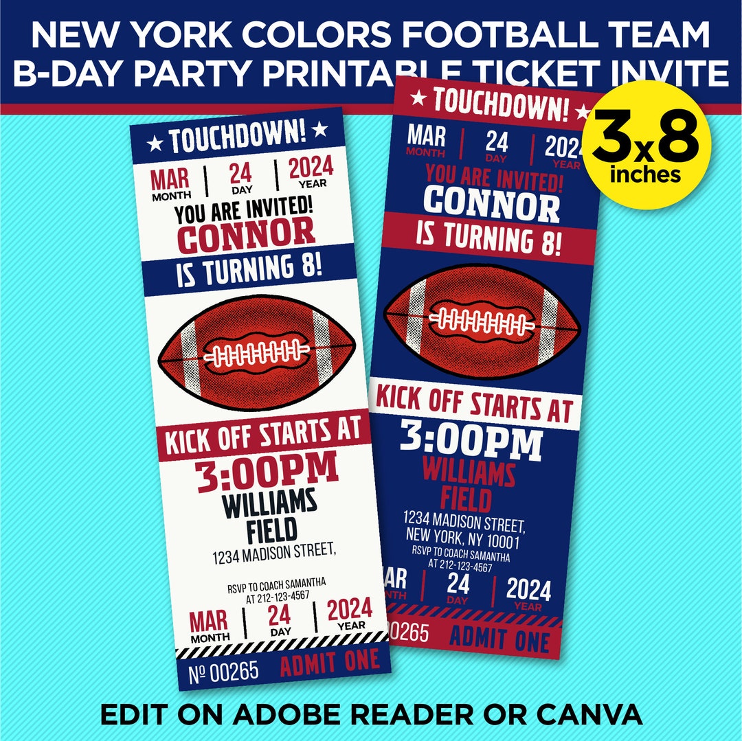 New York Colors Football Team Birthday Party Printable Ticket ...