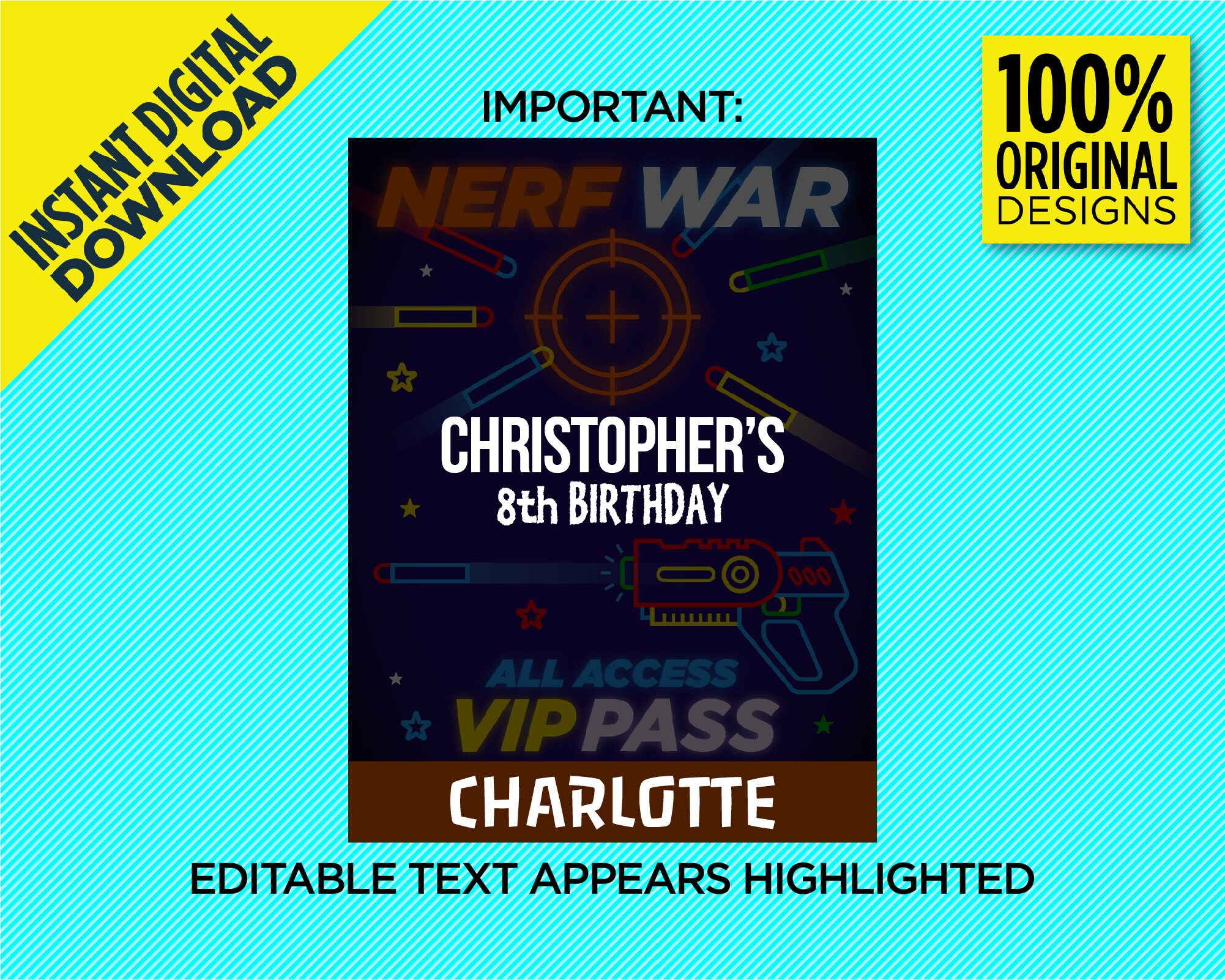 Customizable Nerf Party Printable VIP Pass - Personalized Guest Names ...