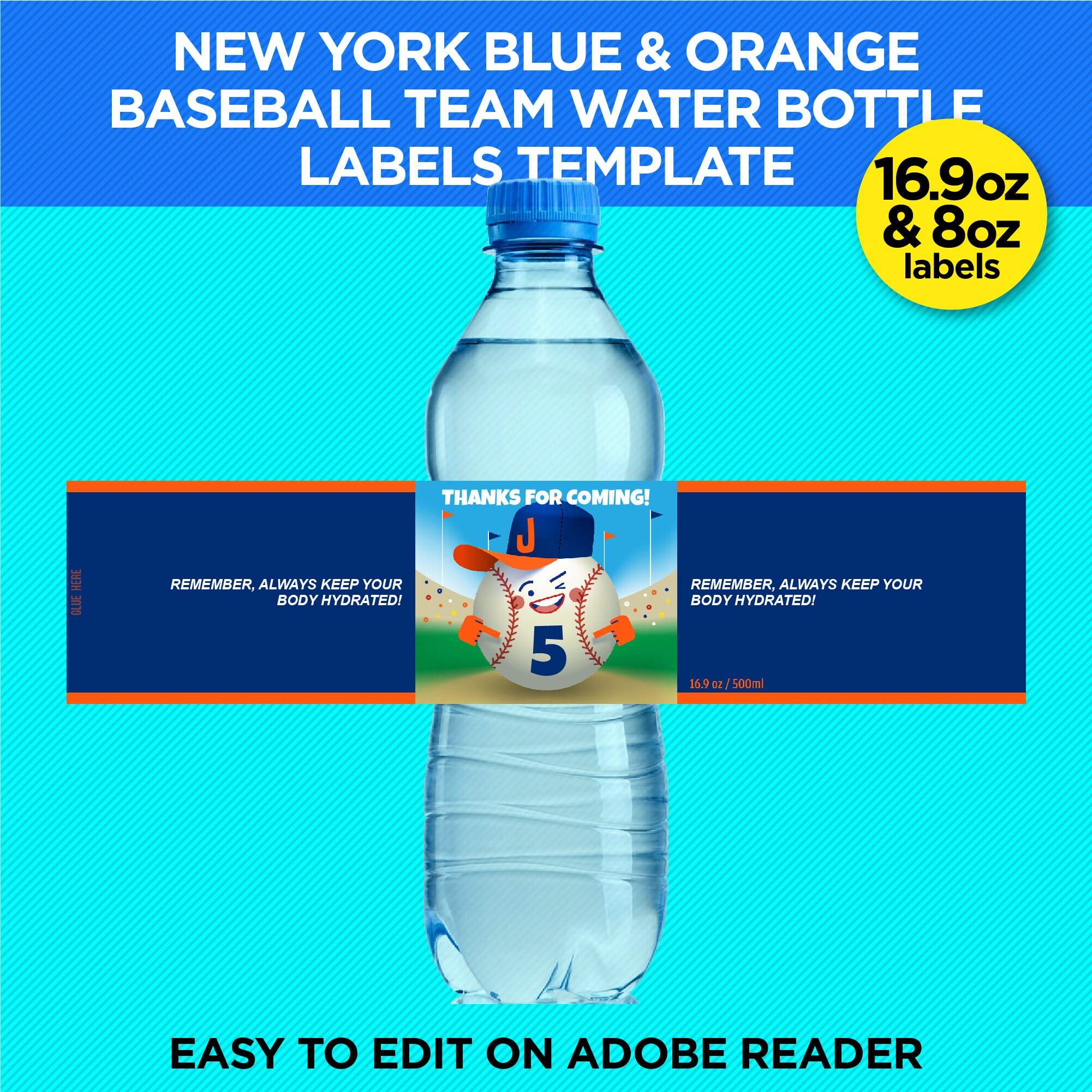 New York Blue & Orange Baseball Team Party Water Bottle Labels NY ...