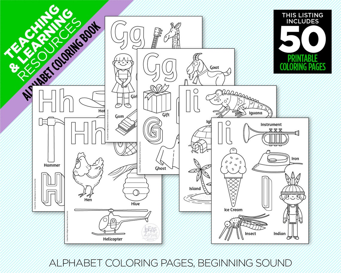 Printable Alphabet Coloring Pages Beginning Sound From A to - Etsy