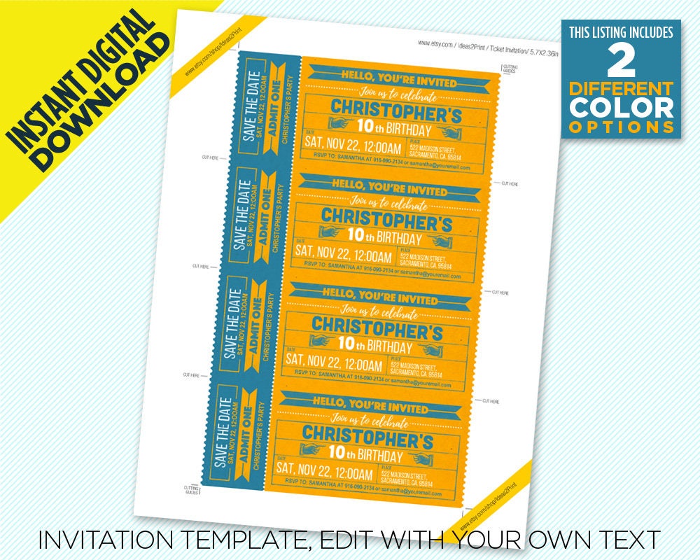 Ticket Birthday Party Printable Invitation Instant Digital - Etsy