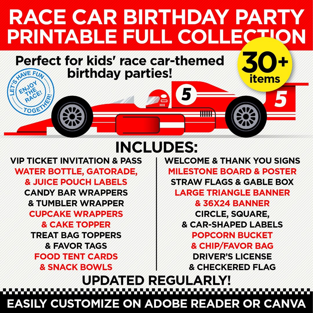 Race Car Birthday Party Printable Full Collection | F1 Party ...