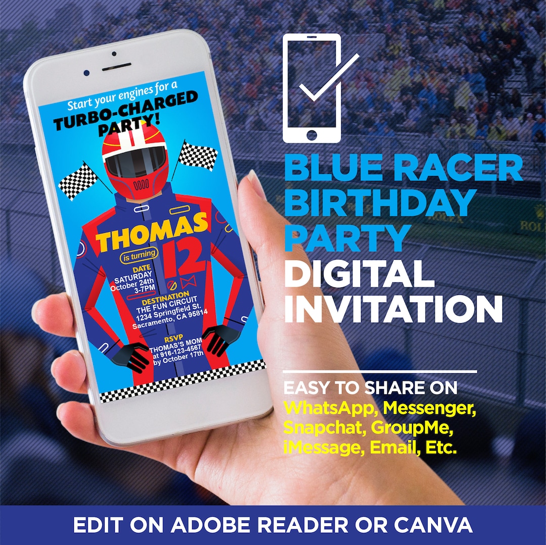 F1 Blue Racer Birthday Party Digital Invitation - Race Car Invite ...