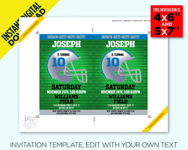 Detroit Football Birthday Invitation | Blue & Silver | Editable in ...