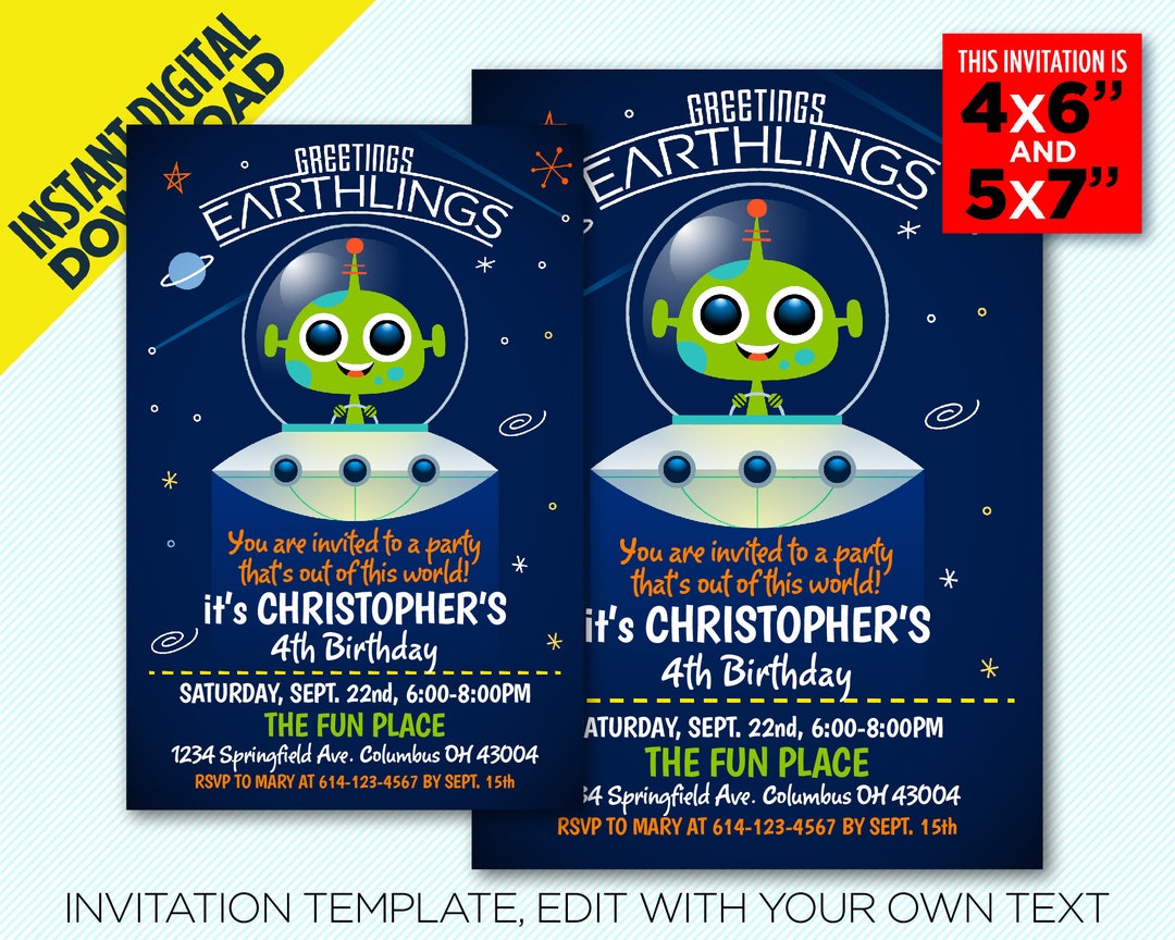Space Alien Birthday Party Printable Invitation, Greetings Earthlings ...