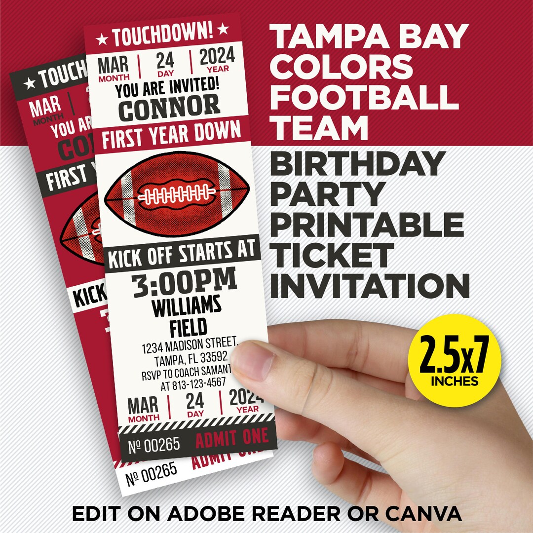 Tampa Bay Colors Football Team Printable Ticket Invitation - Tampa Bay ...