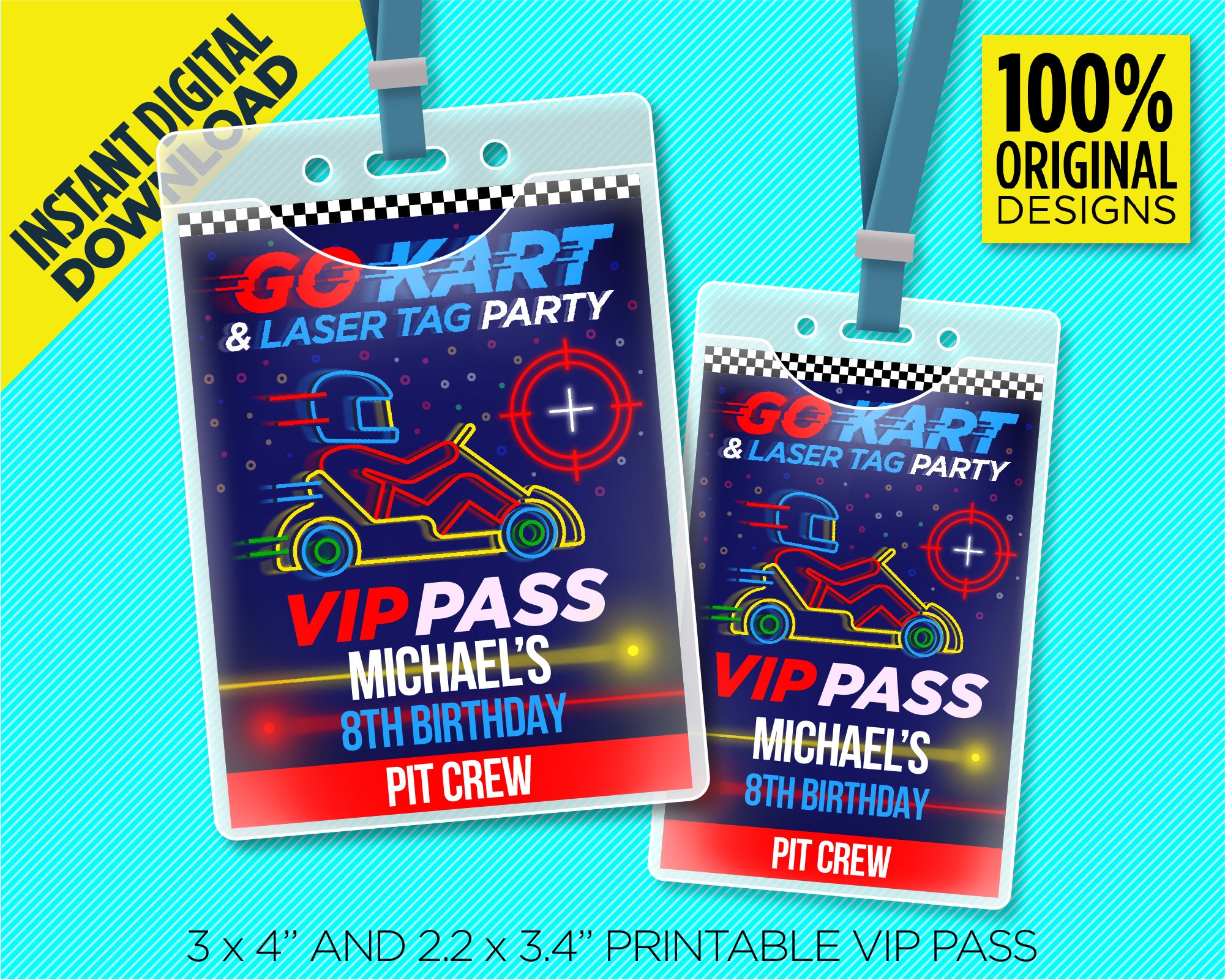 Go Kart and Laser Tag Party VIP Pass 3 X 4" / 2.2 X 3.4”, Printable Go ...