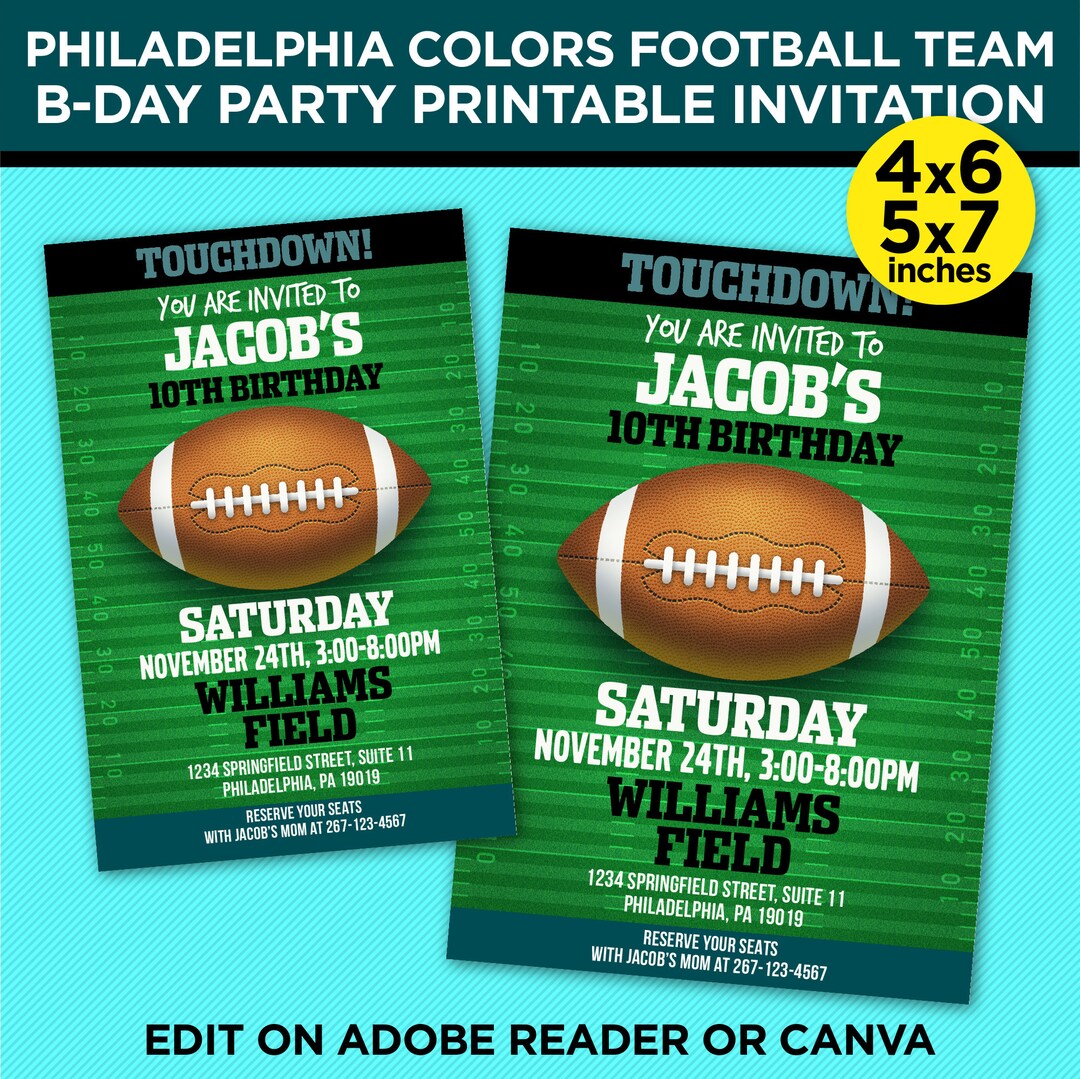 Philadelphia Colors Football Team Birthday Party Printable Invitation ...