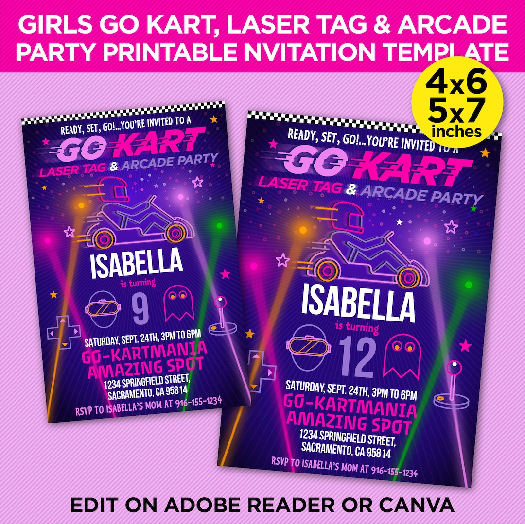 Girls Go Kart, Laser Tag & Arcade Birthday Party Printable Invitation ...