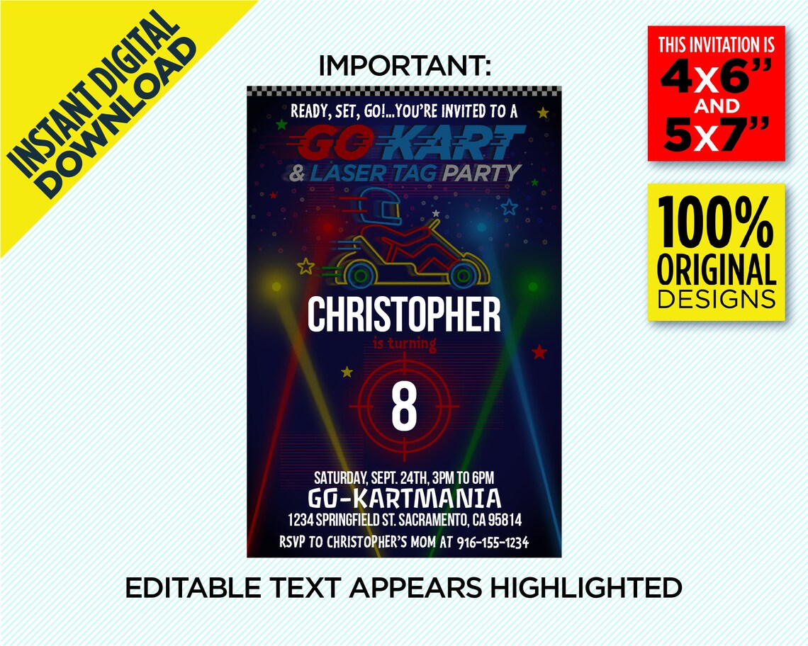 Go Kart & Laser Tag Party Printable Invitation Boys and Girls - Etsy