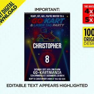 Go Kart & Laser Tag Party Printable Invitation Boys and Girls - Etsy
