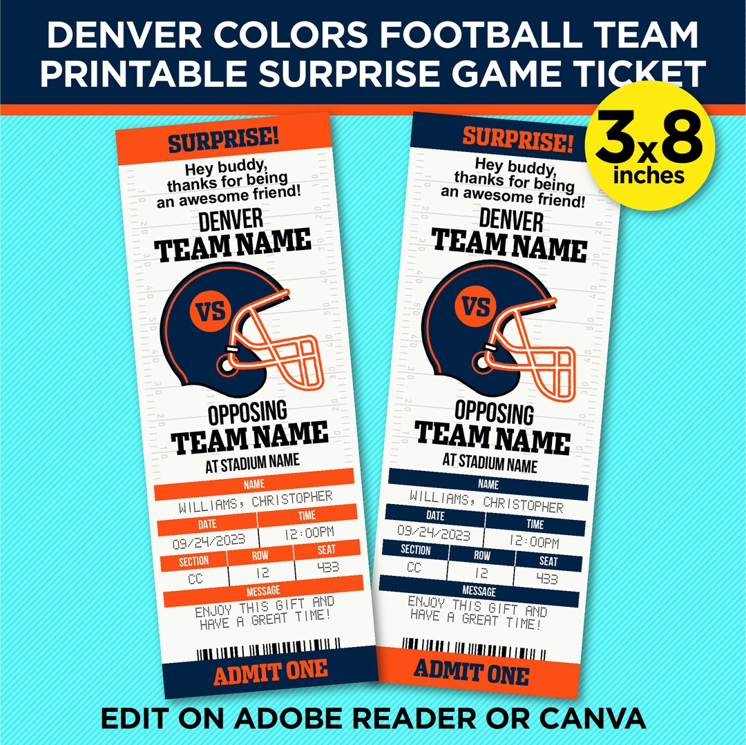 Denver Colors Football Team Printable Surprise Game Ticket Orange ...