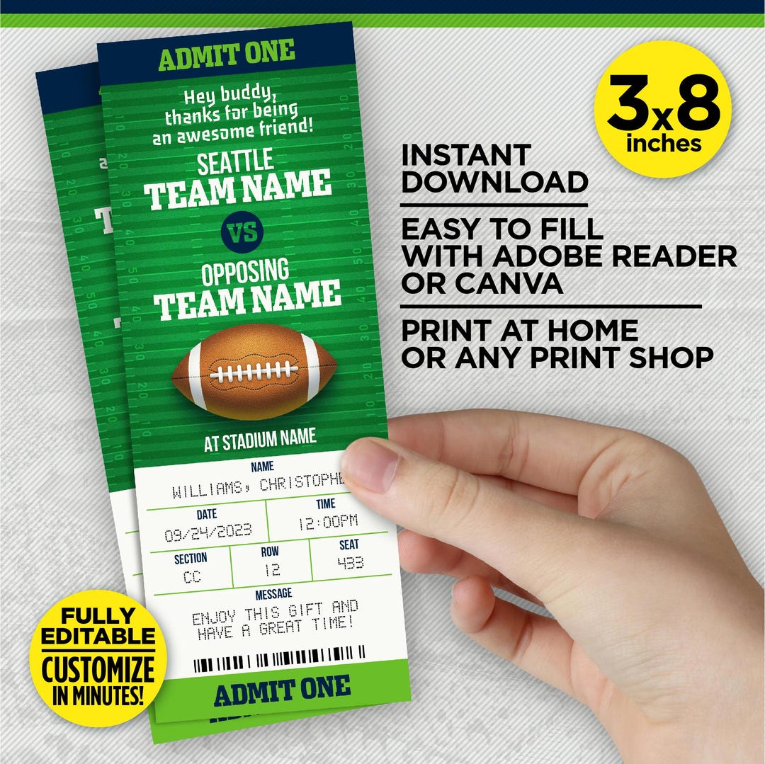 Seattle Colors Football Team Printable Surprise Game Ticket | Navy ...
