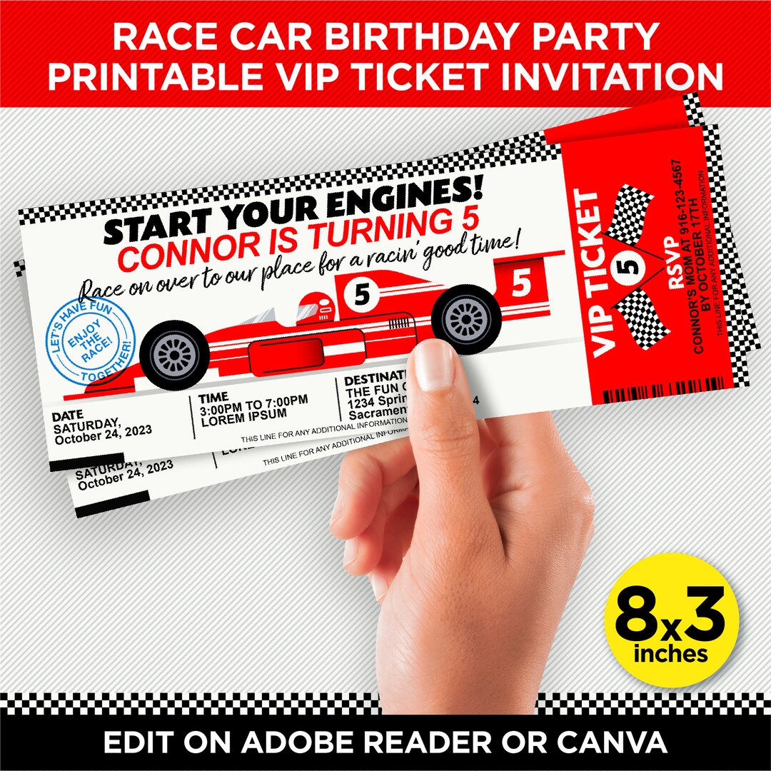 Invitación de entrada VIP imprimible para fiesta de cumpleaños de coches de carreras, Plantilla ...