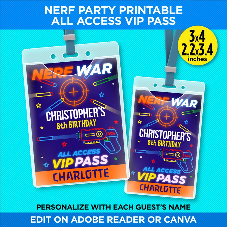 Customizable Nerf Party Printable VIP Pass - Personalized Guest Names ...