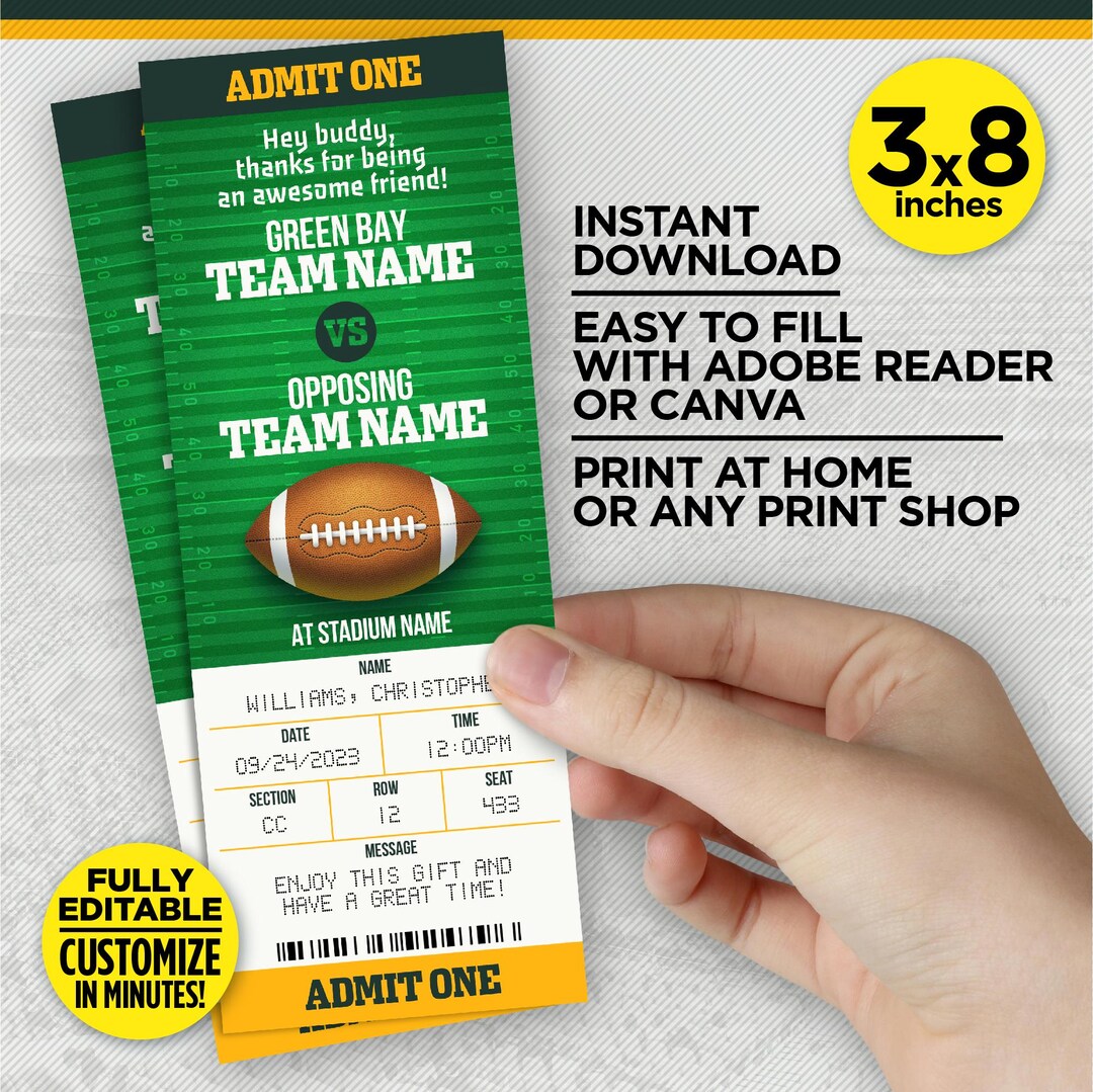 Green Bay Colors Football Team Printable Surprise Game Ticket | Dark ...