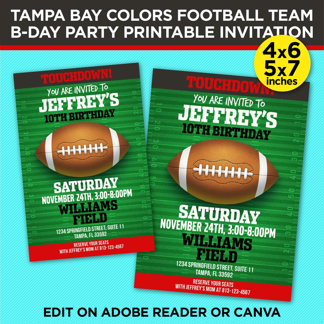 Tampa Bay Colors Football Team Birthday Party Printable Invitation ...
