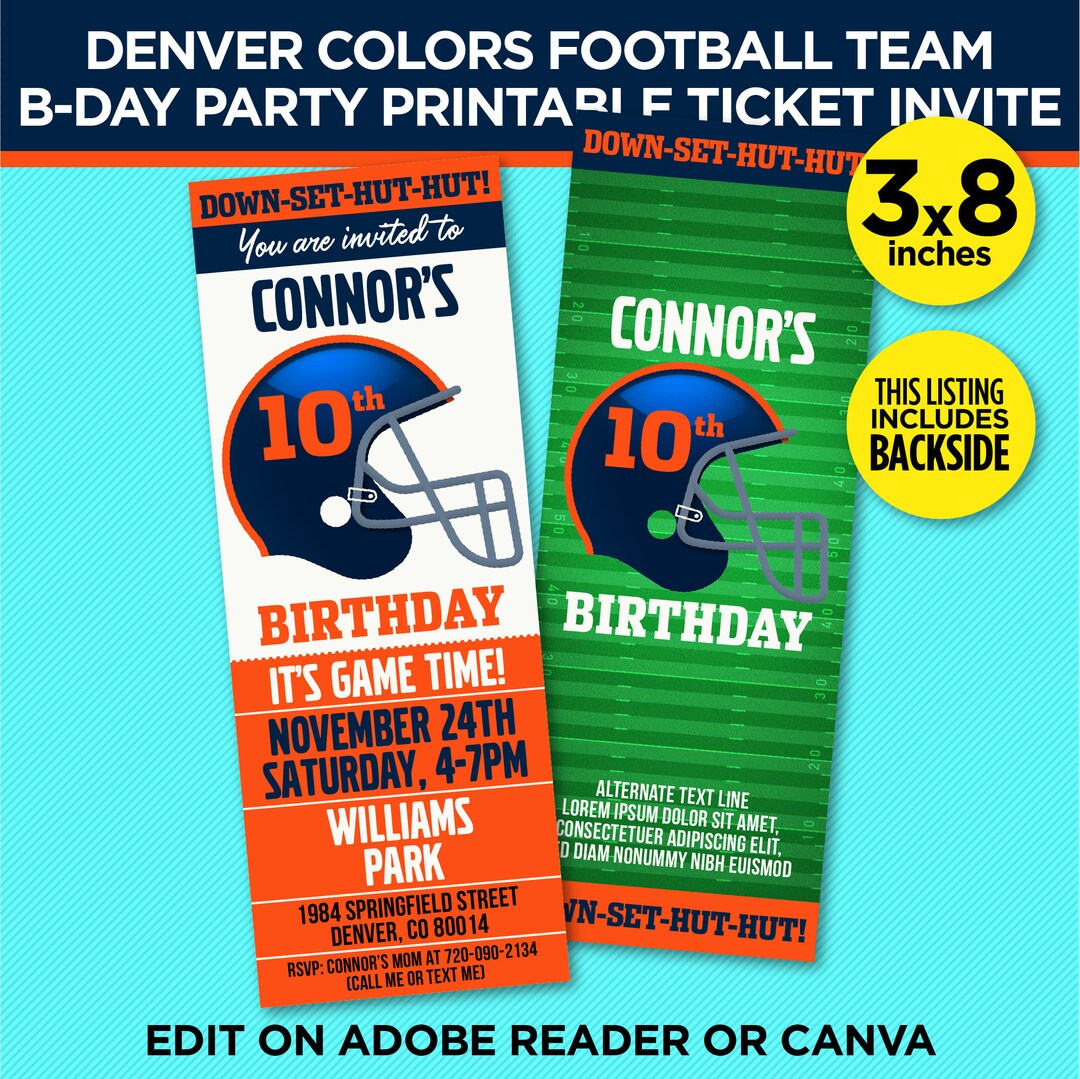 Denver Colors Football Team Birthday Party Printable Invitation ...