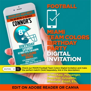 Miami Football Team Colors Birthday Party Digital Invitation | Aqua ...