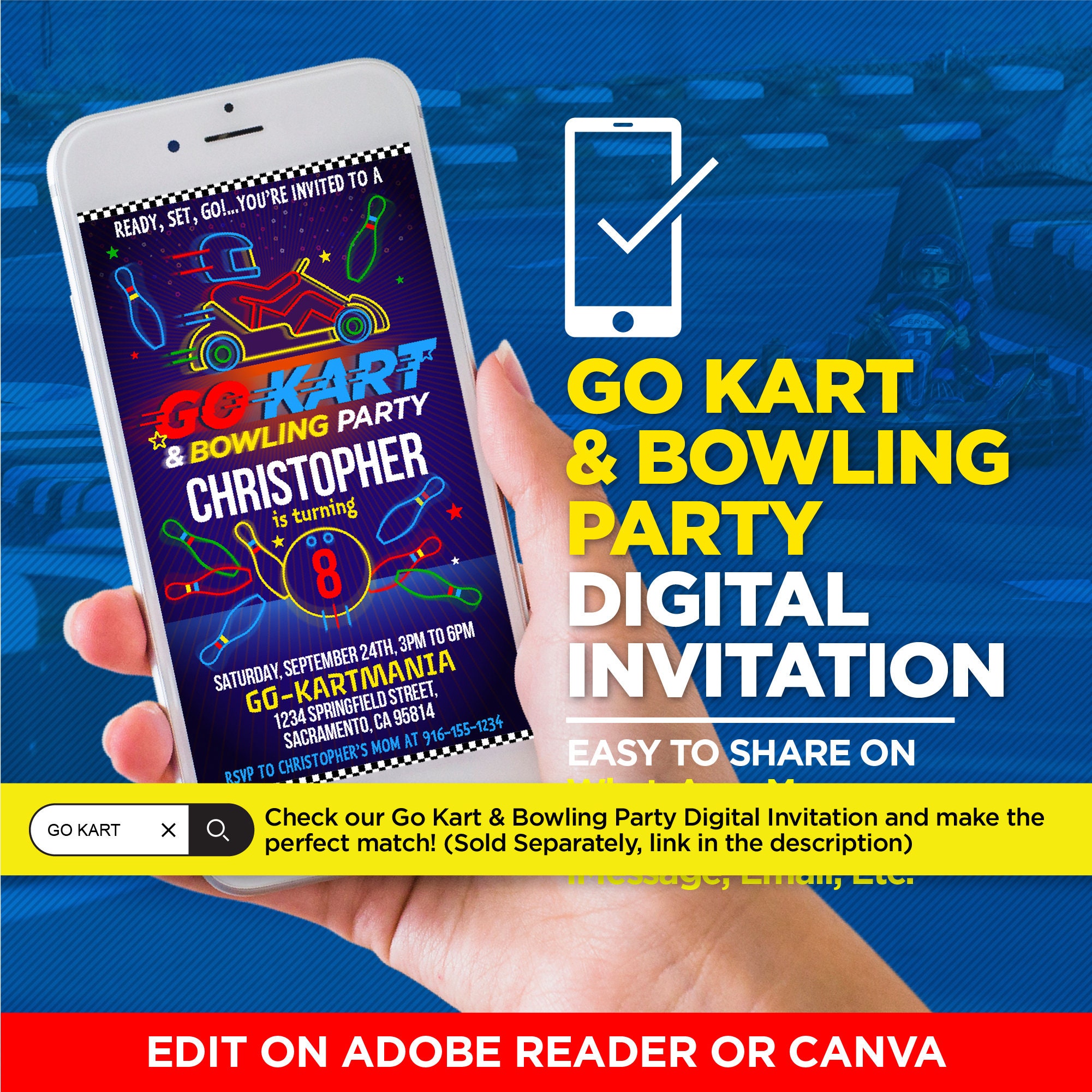 Go Kart & Bowling Party Invitation | Printable Template | Editable in ...