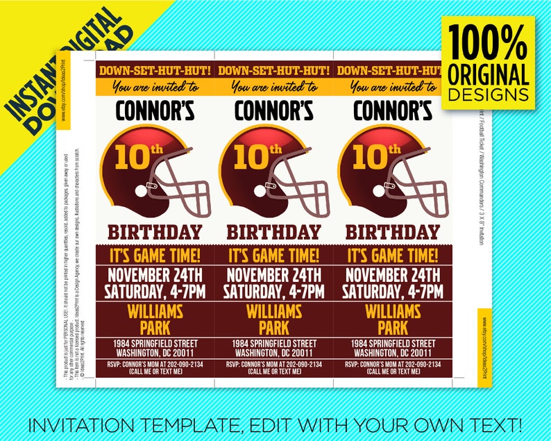 Washington Football Team Birthday Party Printable Invitation Washington ...