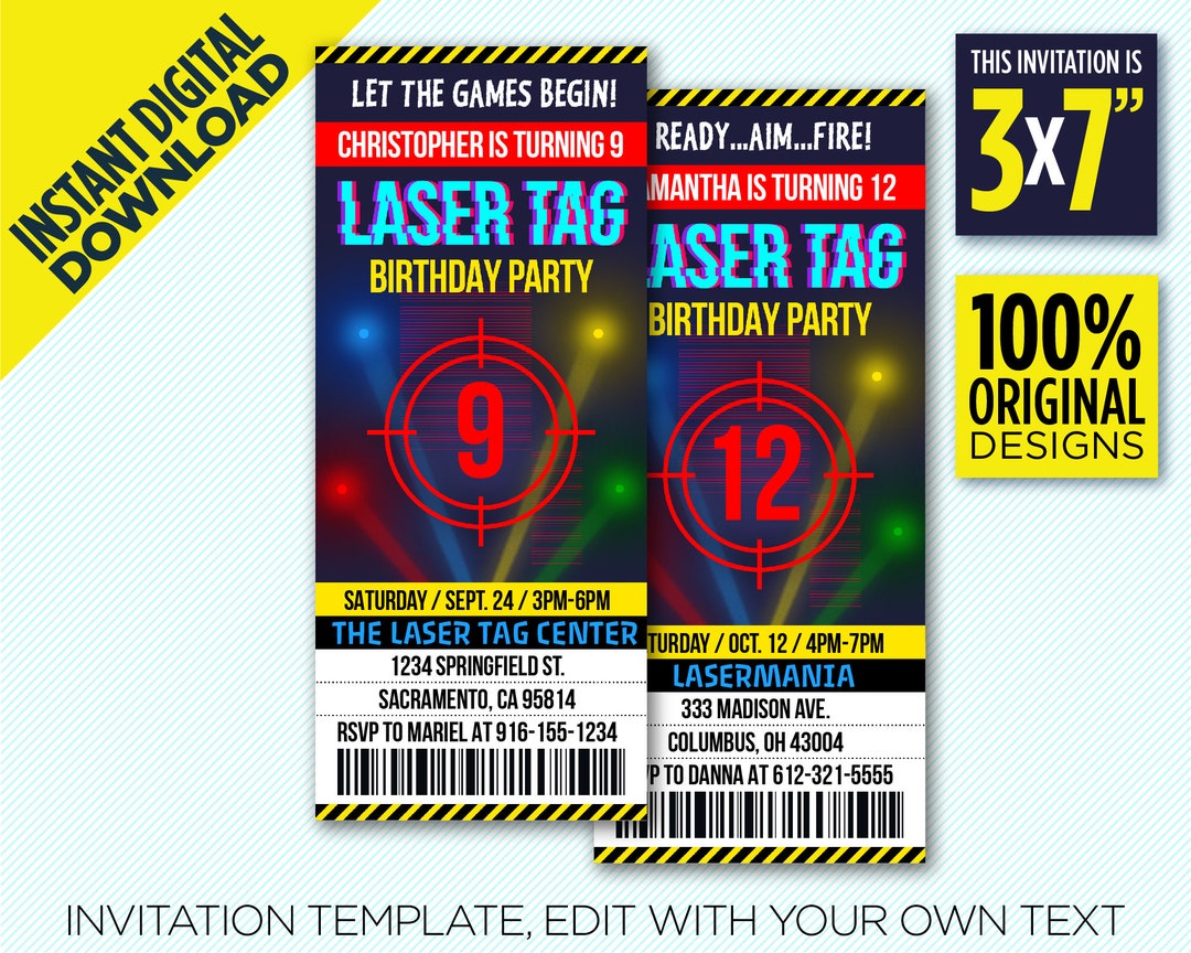 Laser Tag Ticket Birthday Party Printable Invitation, 3x7" Laser Tag ...