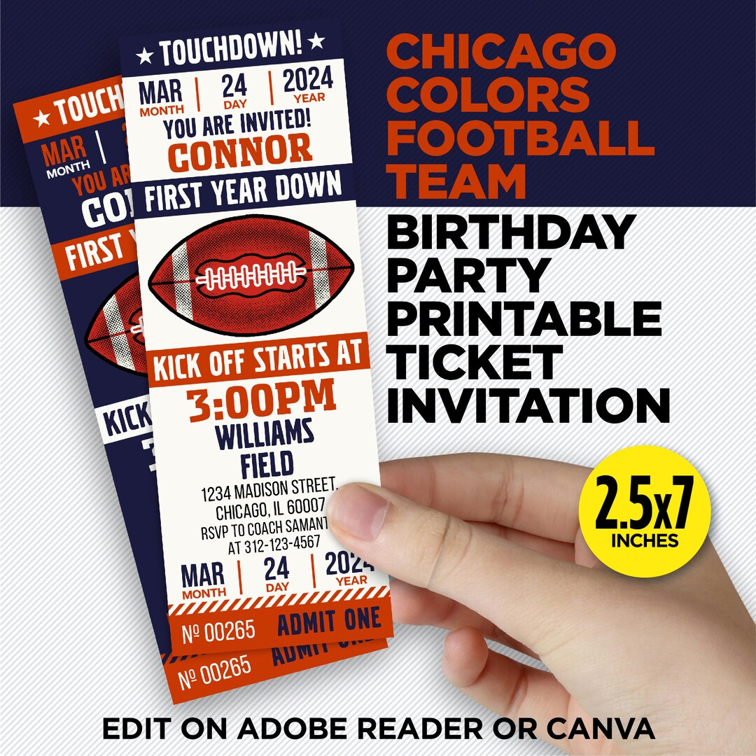 Chicago Colors Football Team Printable Ticket Invitation - Navy ...